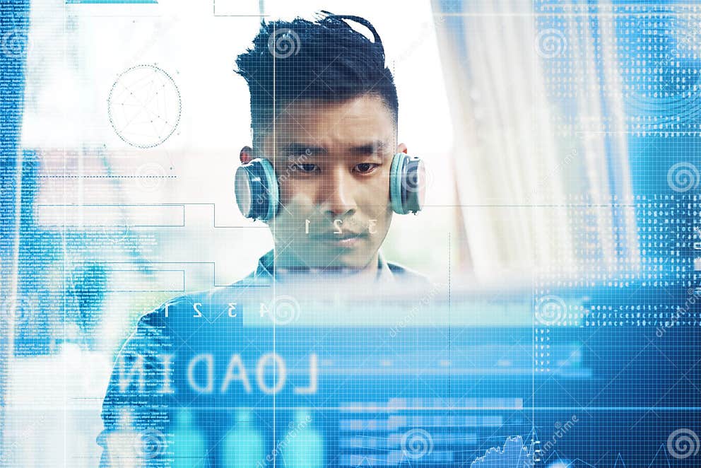 Coding in Progress. a Handsome Young Male Coder Working on His Laptop ...