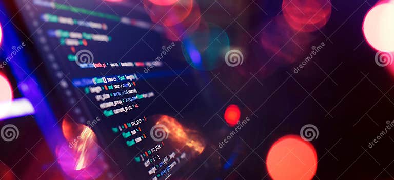 Coding Script Text on Screen. Notebook Closeup Photo. Running Computer ...