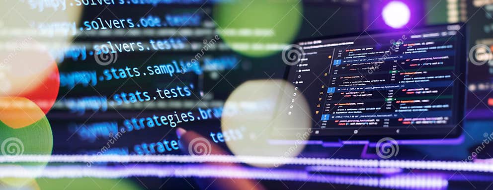 Coding Script Text on Screen. Notebook Closeup Photo. Running Computer ...