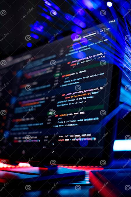 Coding Script Text on Screen. Notebook Closeup Photo. Running Computer Data Programming. Stock ...