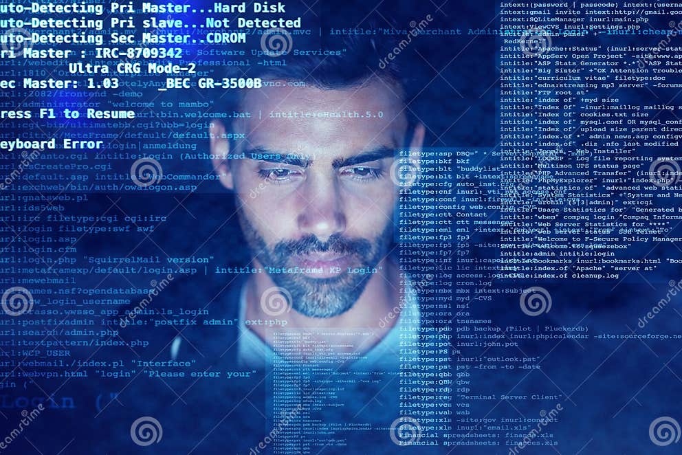 Coding is Second Nature To Him. a Focussed Computer Hacker Using a Computer in the Dark. Stock ...