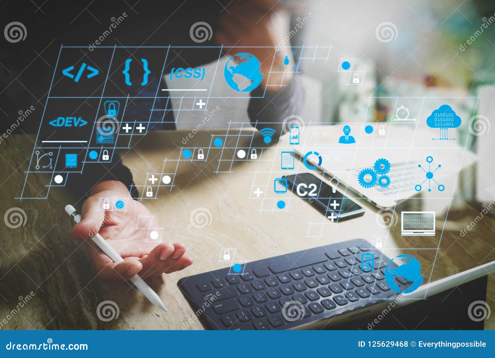 Website Designer Working Digital Tablet Dock Keyboard and Computer ...