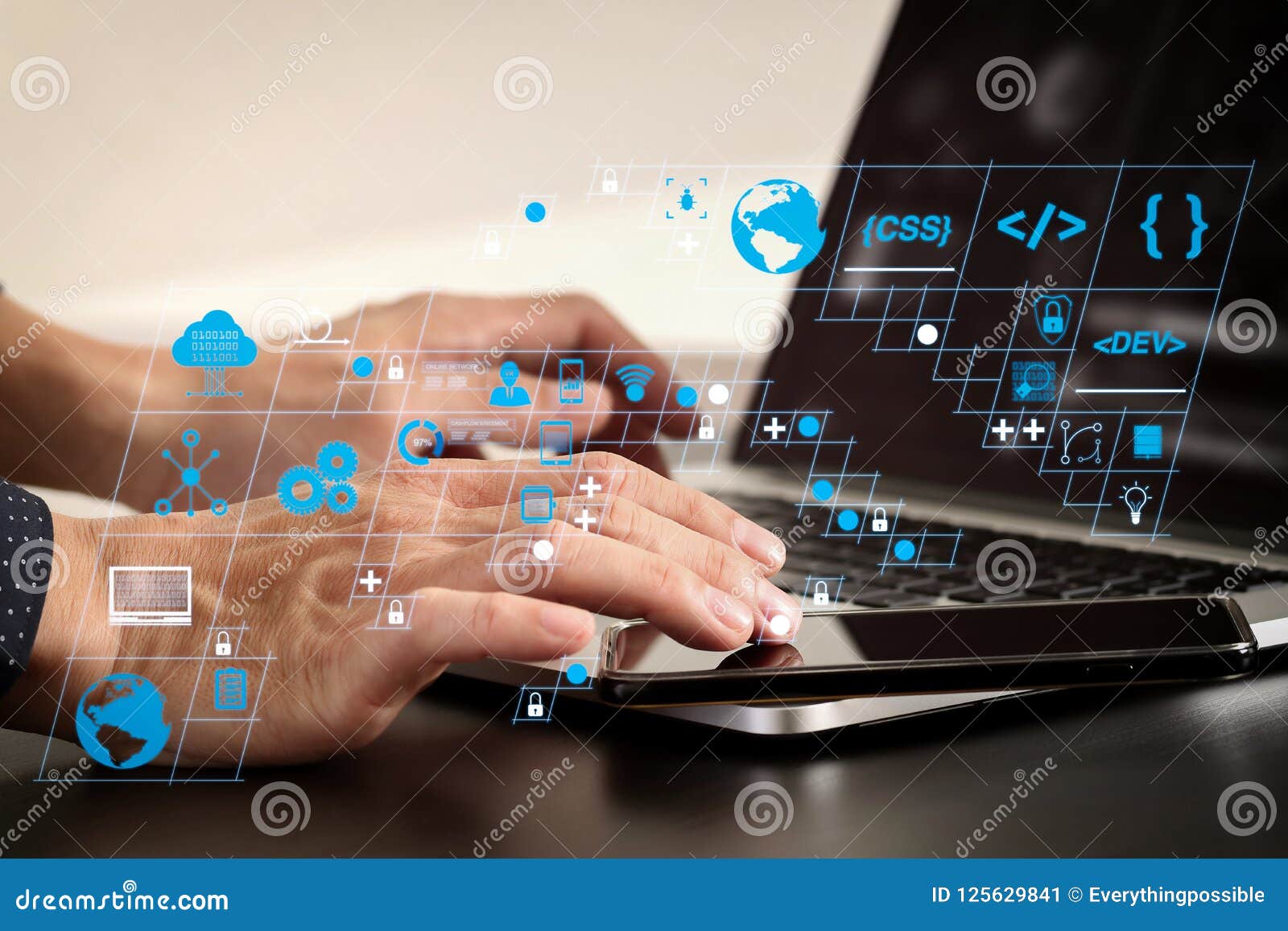 Close Up of Businessman Hand Working with Smart Phone and Laptop Stock ...