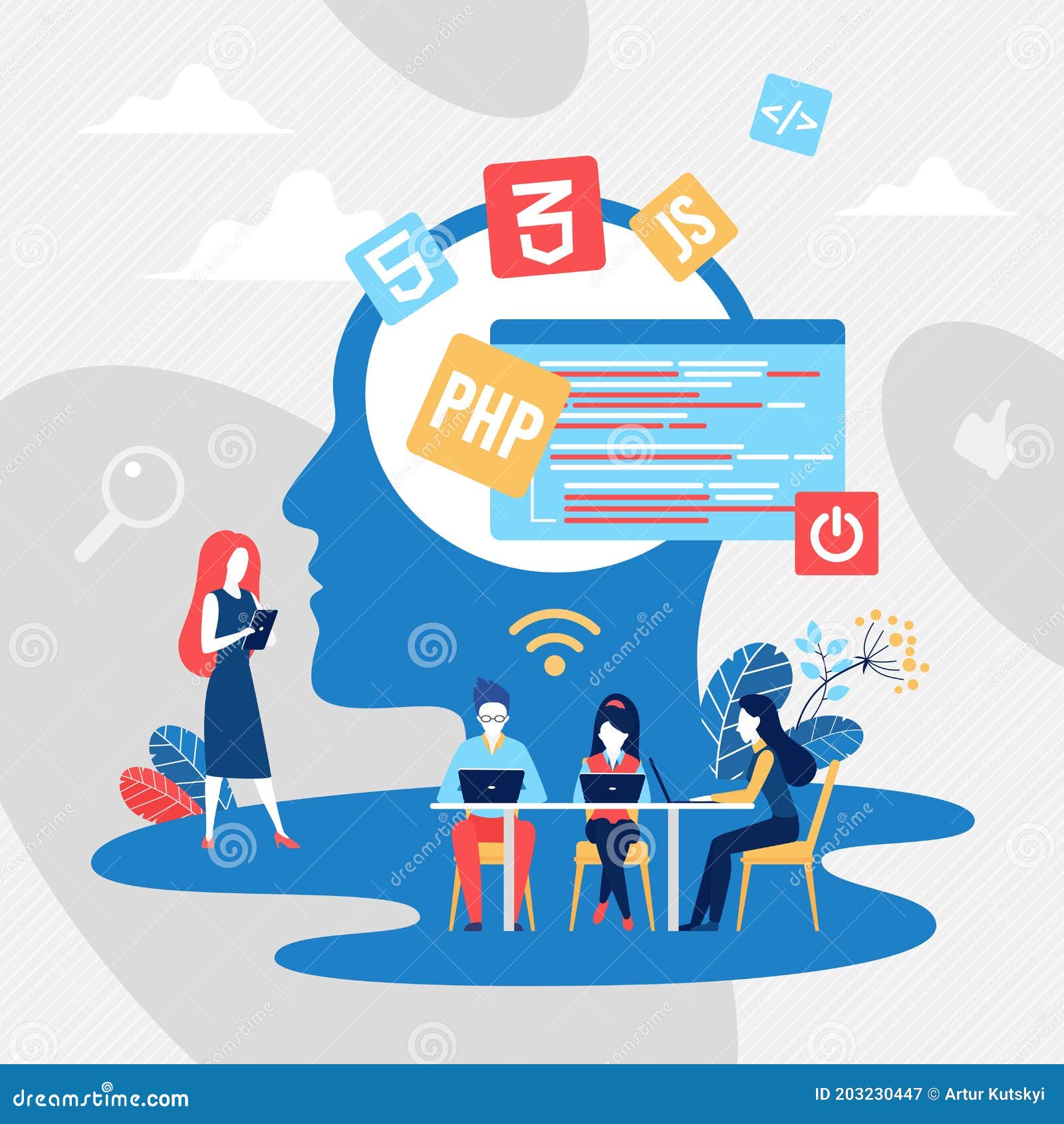 Coding Teamwork Concept Create Code Of Programming Language Stock Vector Illustration Of