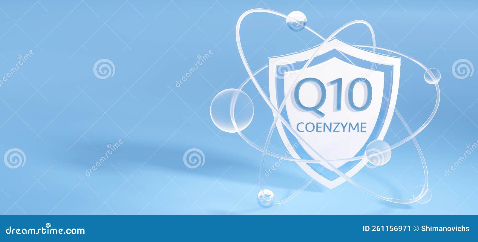 Coenzyme Q10 Symbol on a Shield, Atoms Orbiting on a Blue Background ...