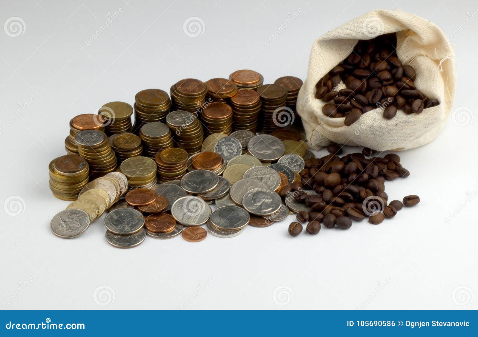Coffe Beans with Coins on White Background Stock Photo - Image of ...
