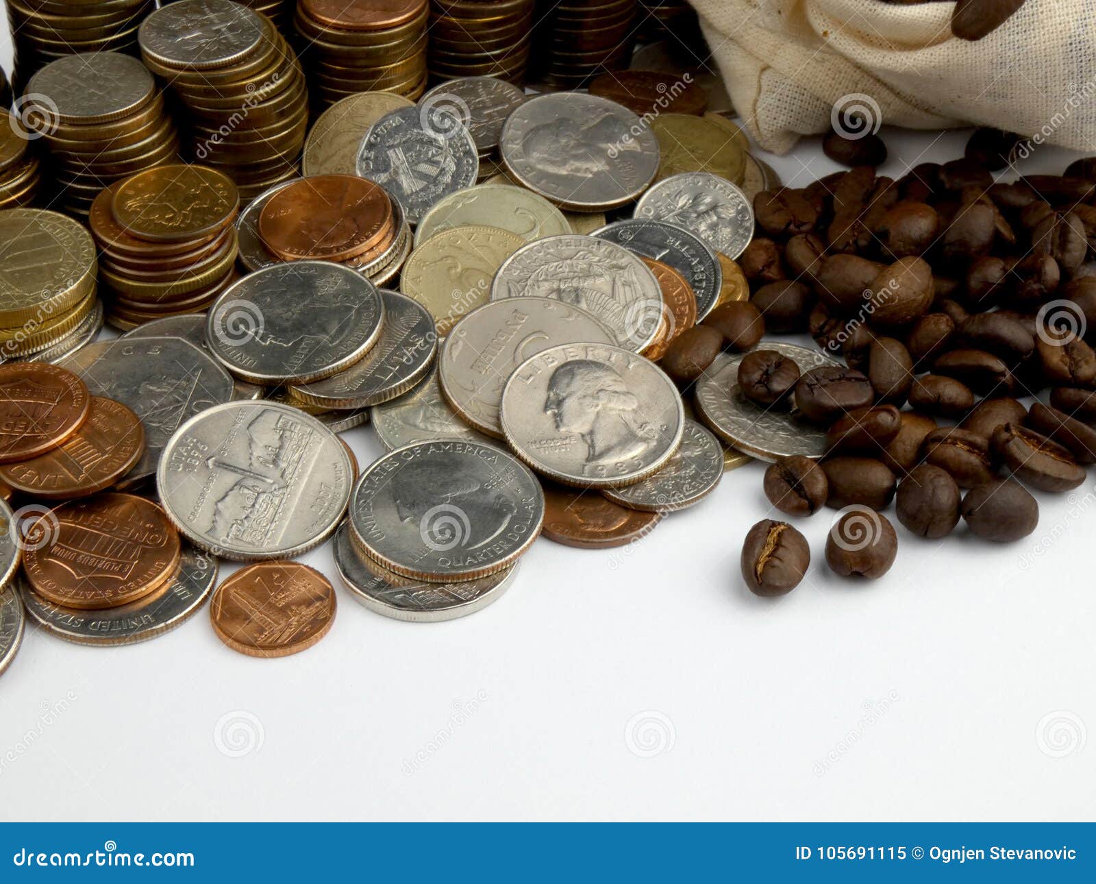 Coffe Beans with Coins on White Background Stock Image - Image of ...