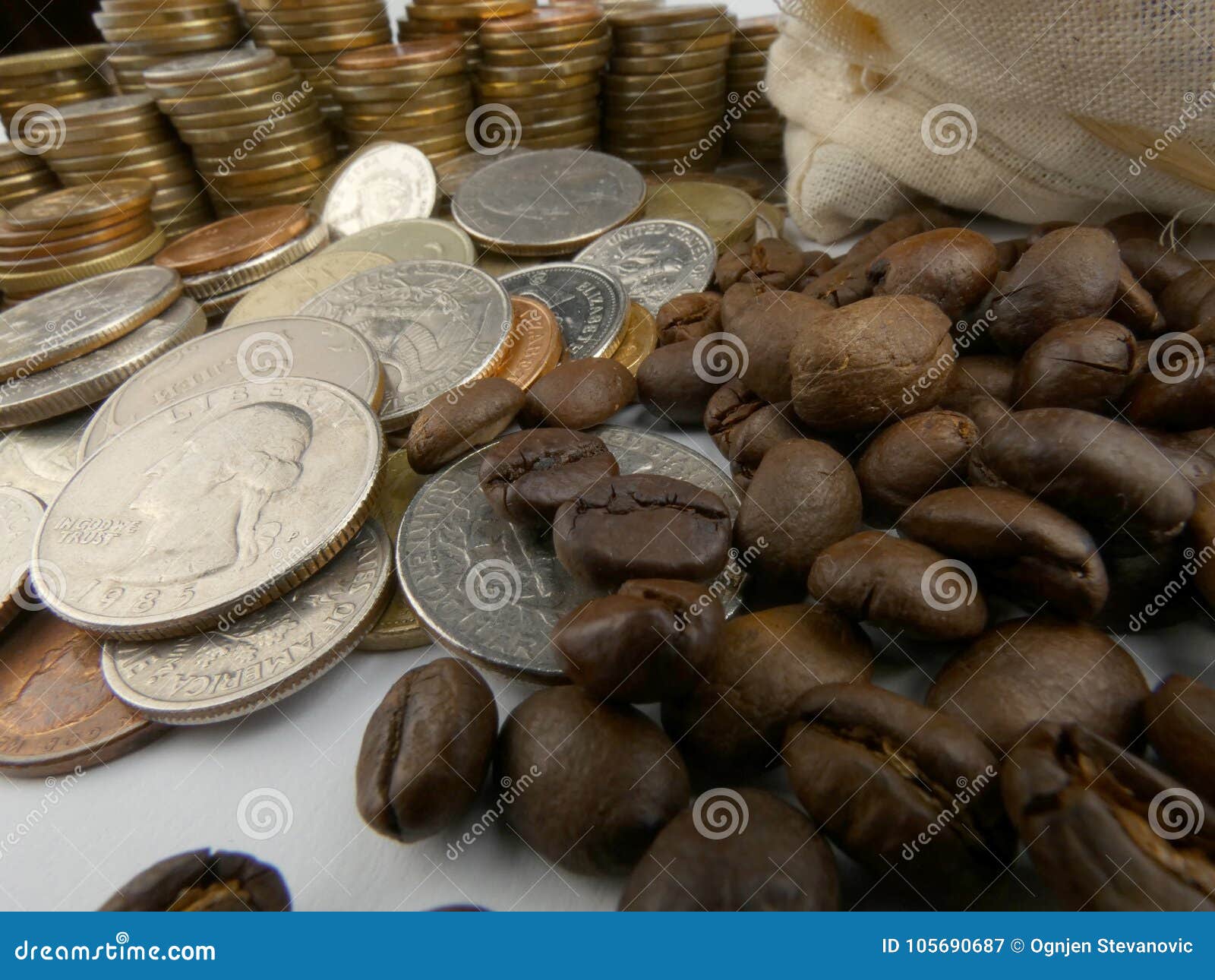 Coffe Beans with Coins on White Background Stock Image - Image of bean ...