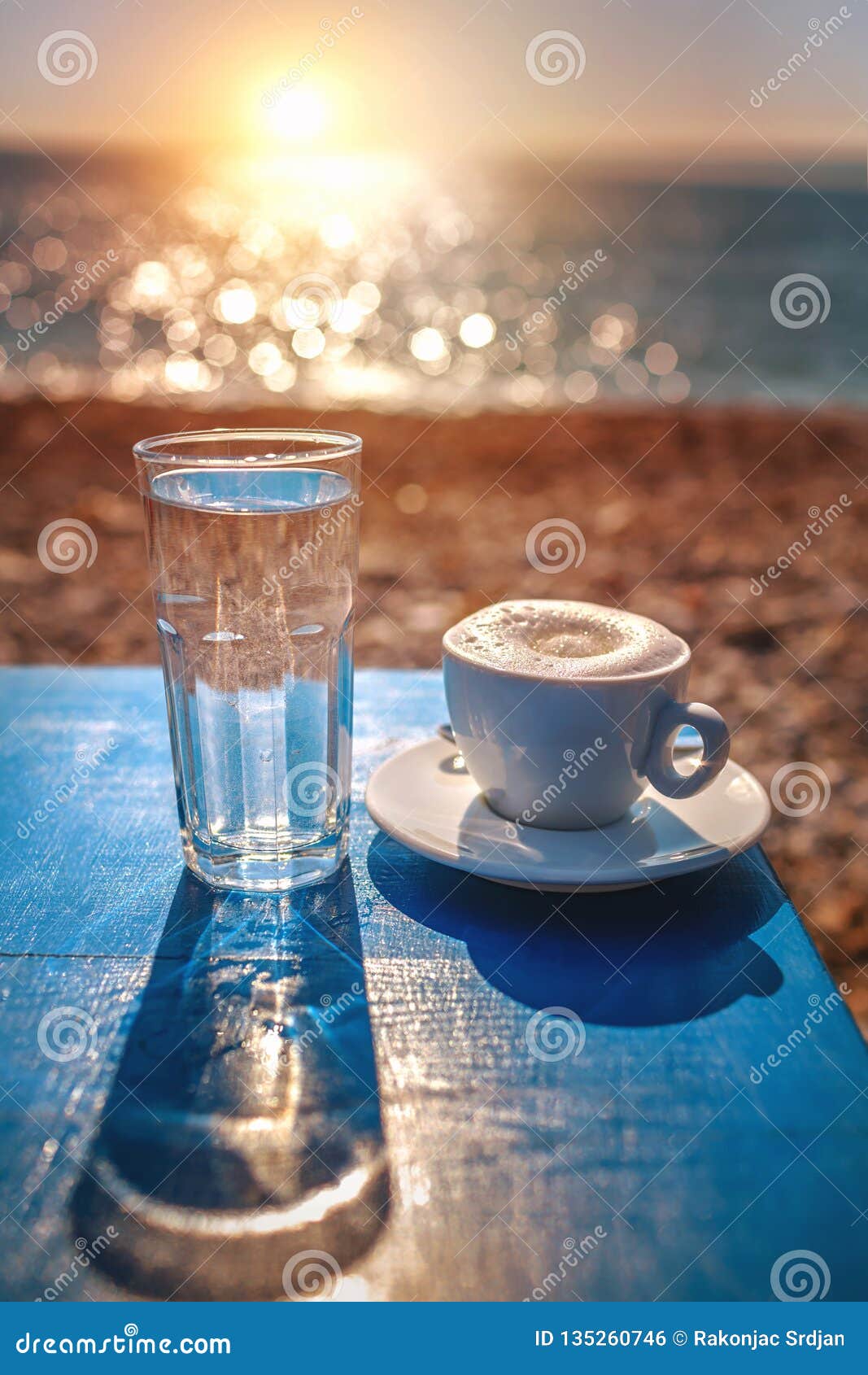 Coffee on the beach. stock photo. Image of table, space - 135260746