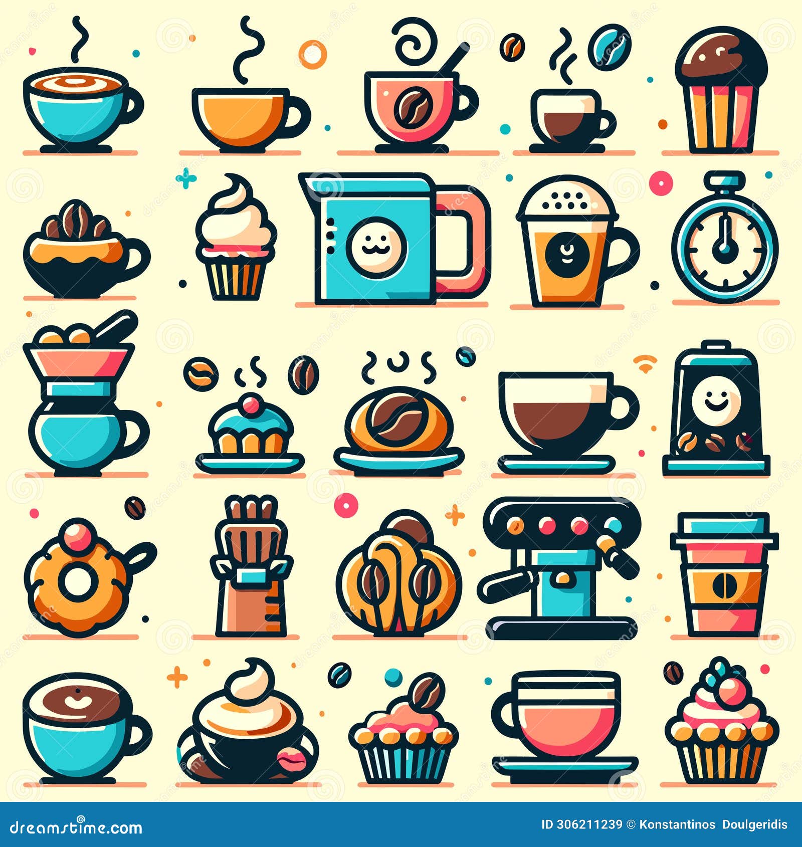 Cafe Releated Items in Flat Cartoon Style. Isolated Items. Stock Vector ...
