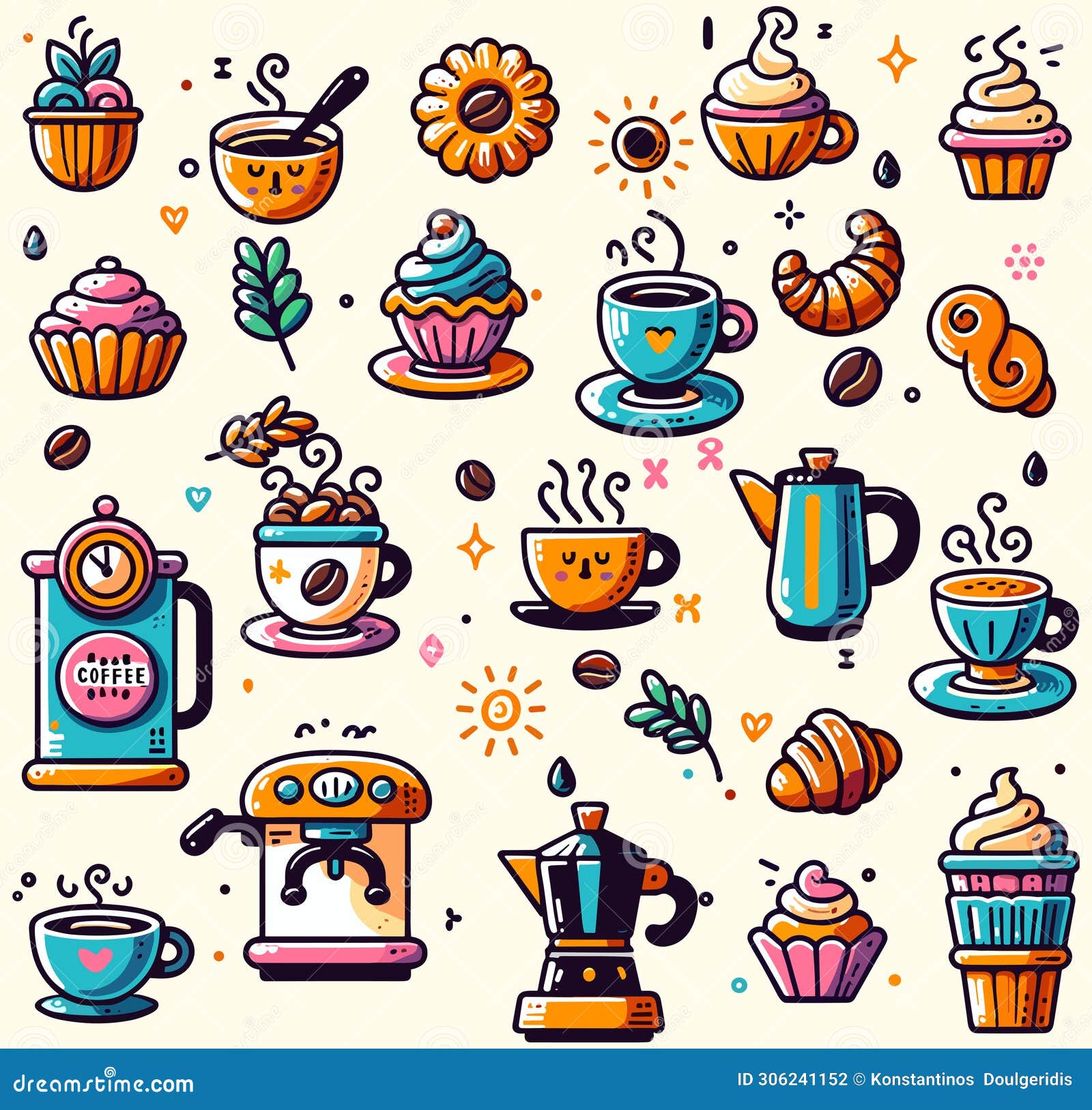 Set of Cafe Releated Icons in Cream Background in Cartoon Flat Style ...