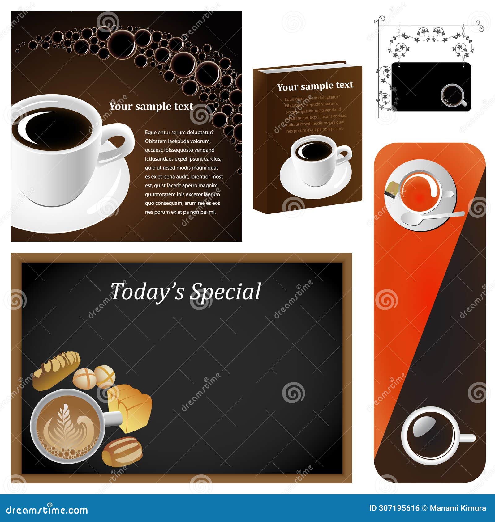 Vector Collection of 5 Coffee, Tea and Bread Theme Cards and Elements ...