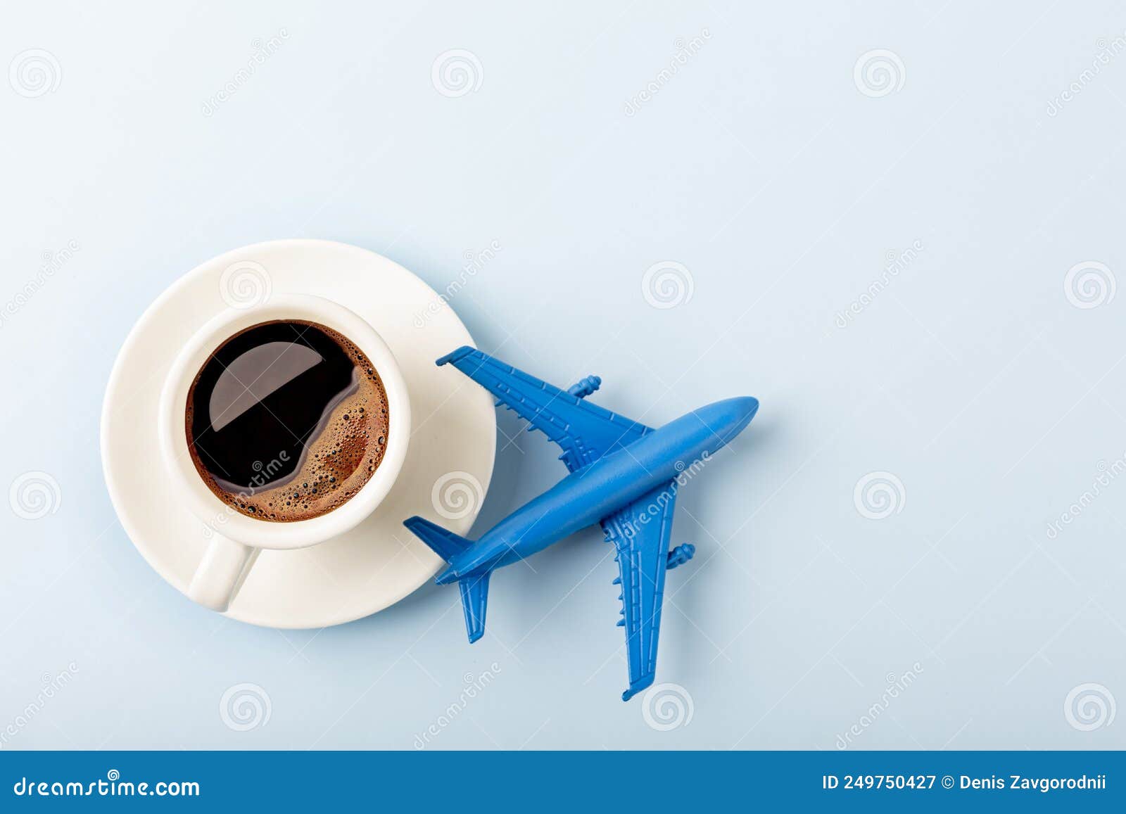 Coffee with Airplane Model on Blue Background Stock Image - Image of ...