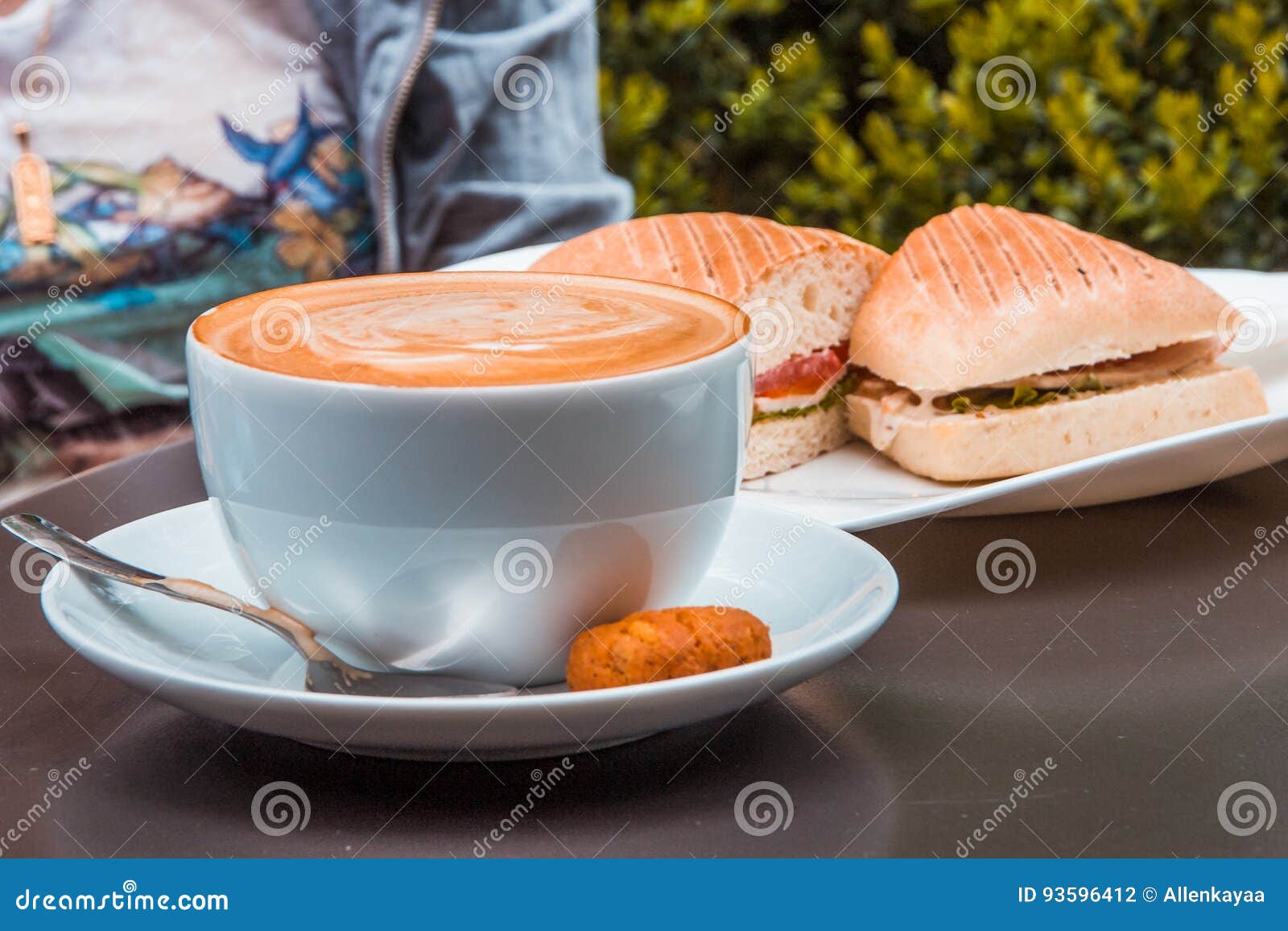 Coffee Art and Panini at Outdoor Cafe Stock Photo - Image of tasty ...