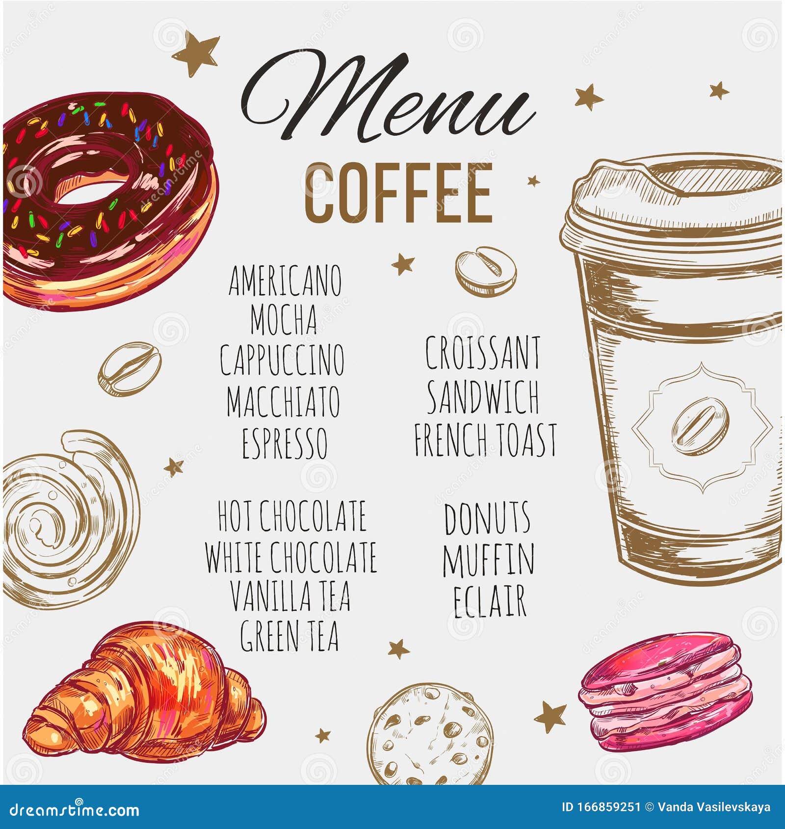 Coffee And Bakery Restaurant Menu Brochure Vector Hand Drawn Template ...