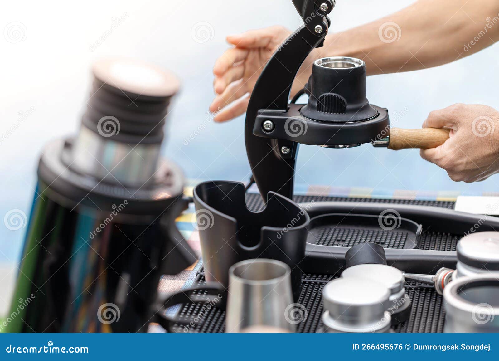 Coffee Barista Making a Hot Coffee with Many Types of Equipment on the ...