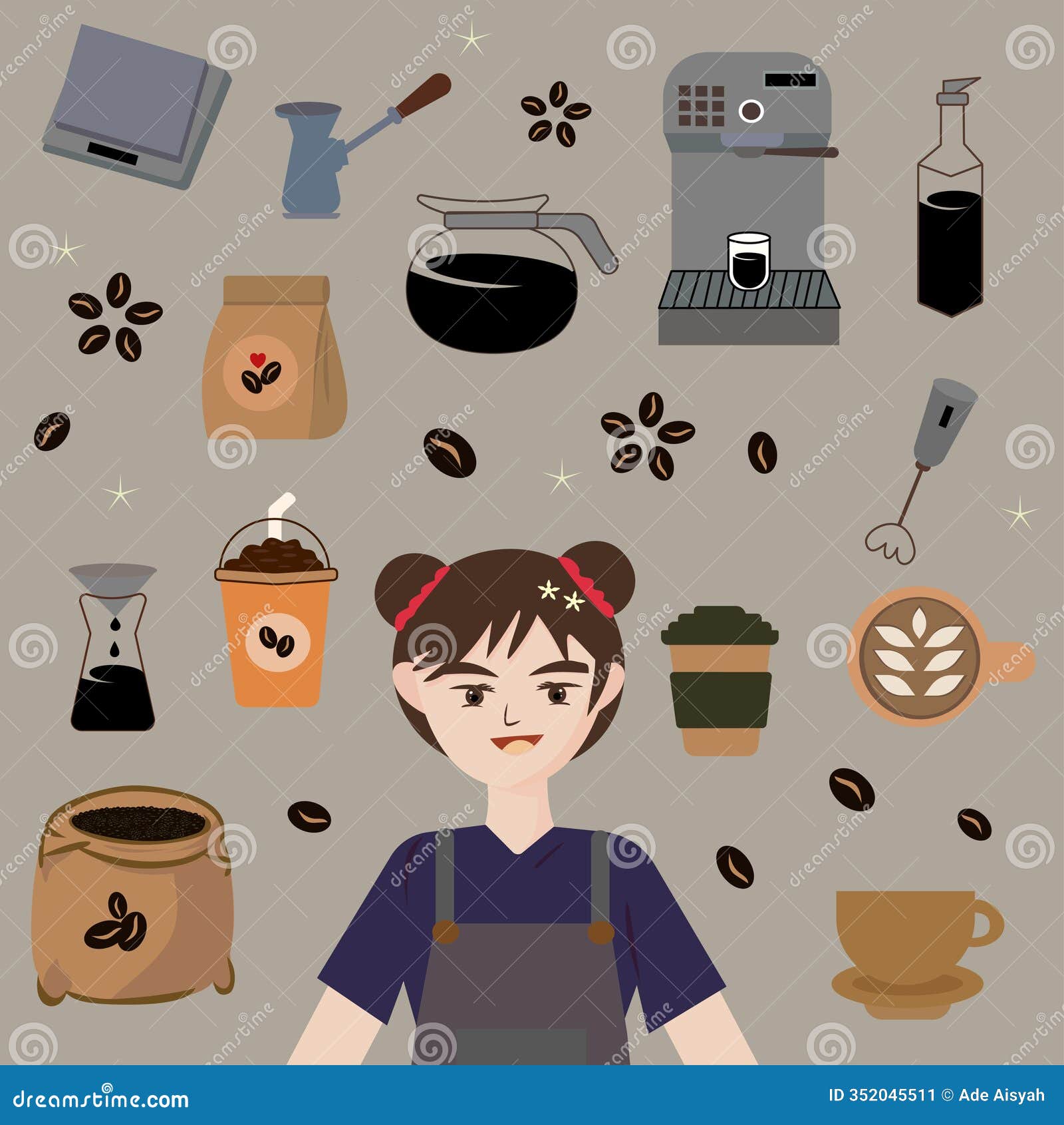 Coffee and Barista Tools Kawaii Element Clipart Vector Illustrations ...