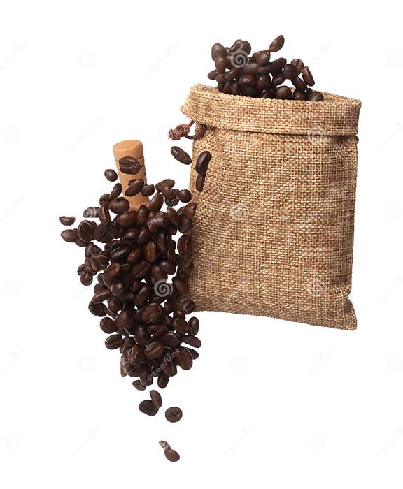 Coffee Bean Fall Down Pour in Sack Bag, Coffee Seeds Float Explode ...