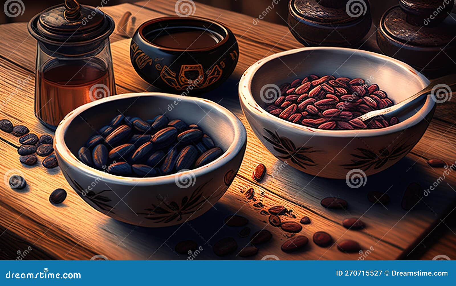 Coffee Bean and Powder-filled Bowls Ready for a Morning Stock ...