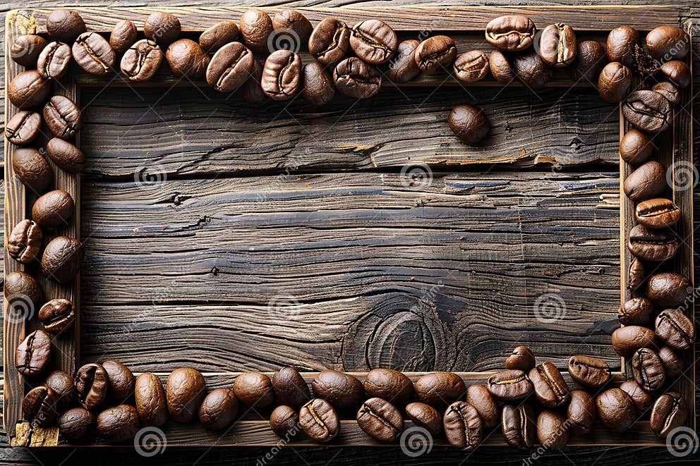 Coffee Bean Frame on Rustic Wooden Background for Cafe Decor or Coffee ...