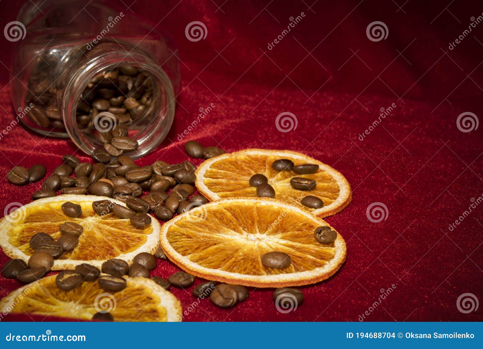 Coffee Beans and Dried Oranges on a Red Background Stock Photo - Image ...