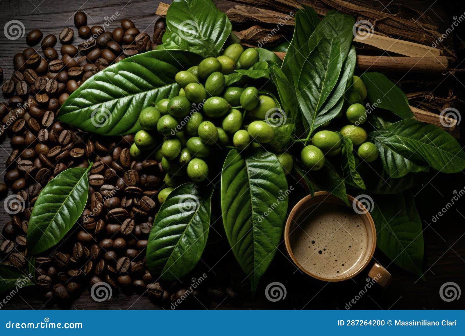 Coffee Beans with Elements of Nature, Such As Leaves on a Rustic Wooden ...