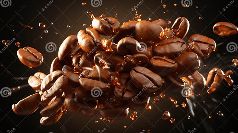 Coffee Beans Exploding in a Splash of Liquid, Against a Dark Background ...