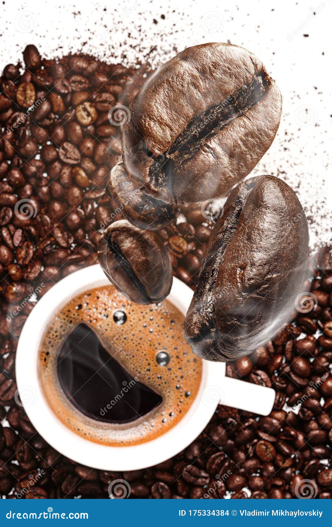 Coffee Beans Fall in a Cup with Coffee Stock Photo - Image of beverage ...