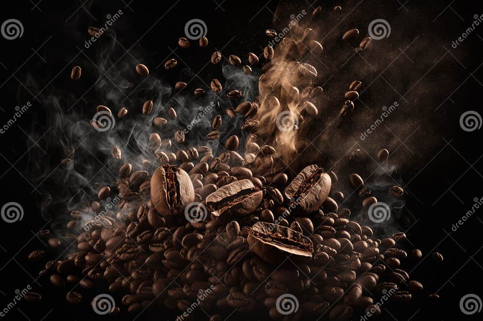 Coffee Beans Fall in Smoke on a Black Background. Roasting Coffee Stock ...