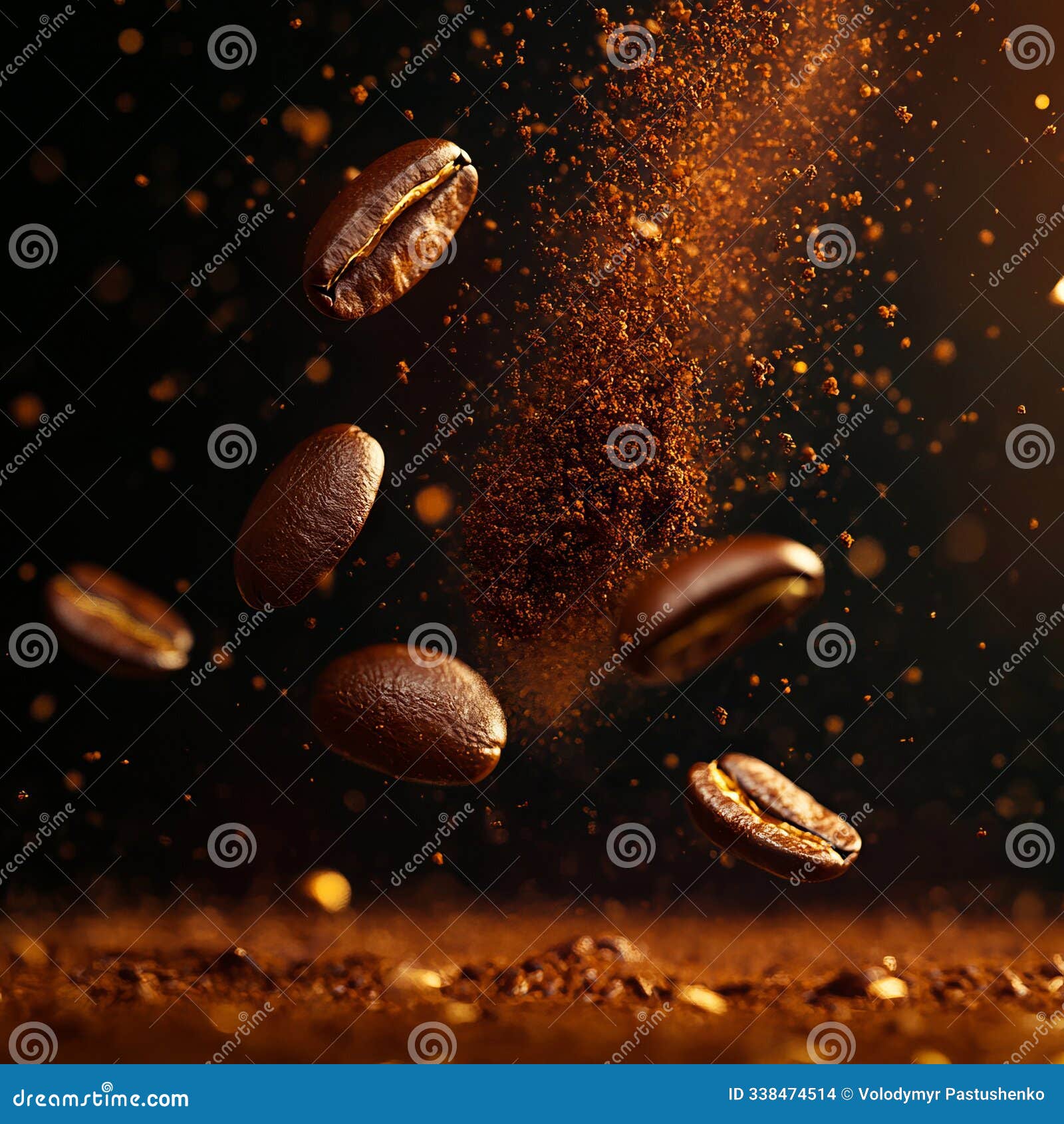 Coffee Beans Falling into the Air with Coffee Powder Stock Photo ...