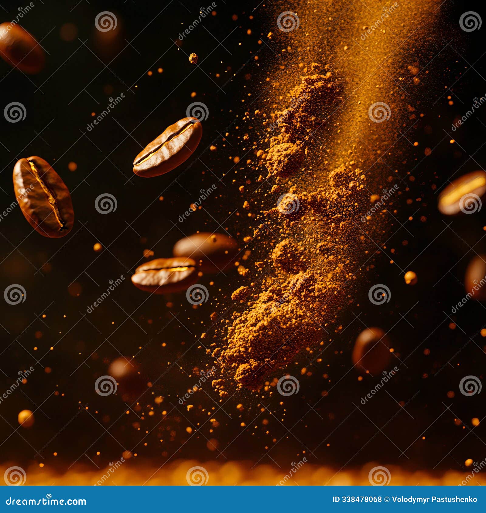 Coffee Beans Falling into the Air with a Splash of Coffee Powder Stock ...