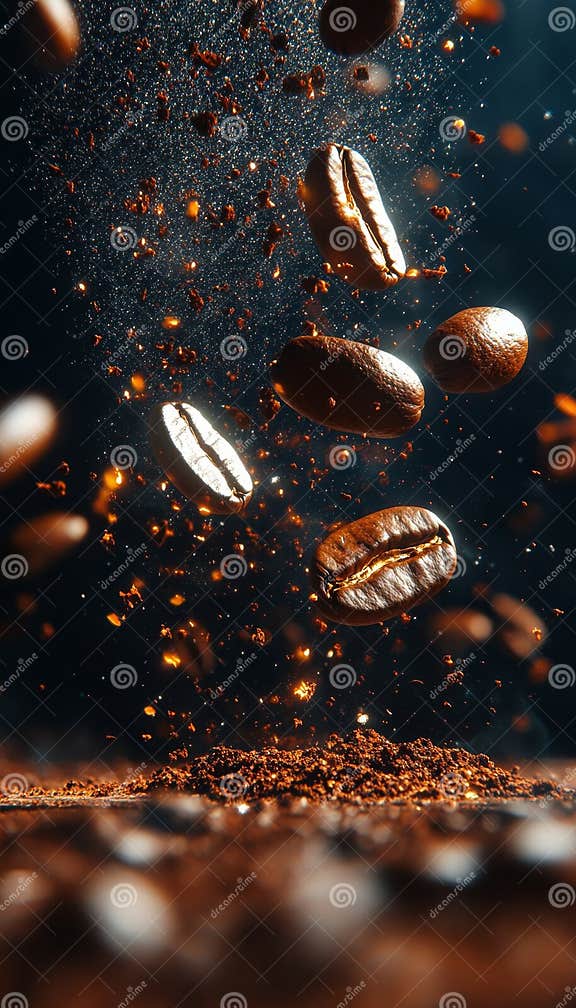 Coffee Beans Falling and Exploding in Mid-Air, Coffee Powder Splashing ...
