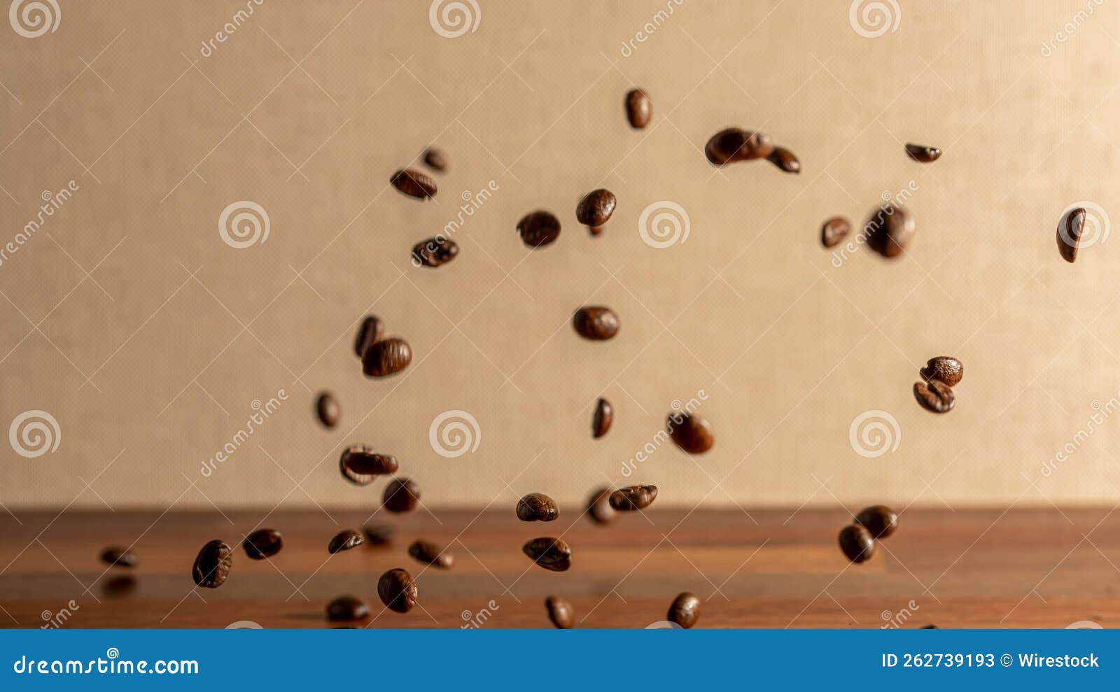 Coffee Beans Floating in the Air Over the Wooden Table Stock Image ...