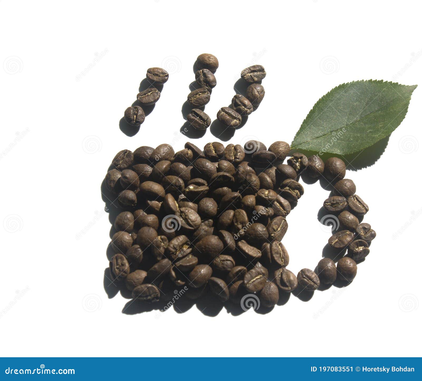 Coffee Beans in Form of Cup with Green Leaf Isolated on White ...