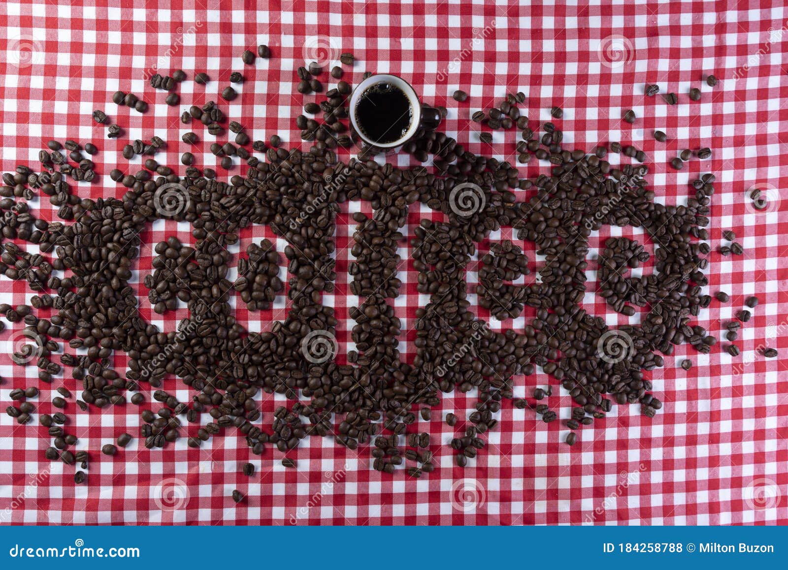 Coffee Beans Forming the Word Coffee on a Red and White Checkered ...