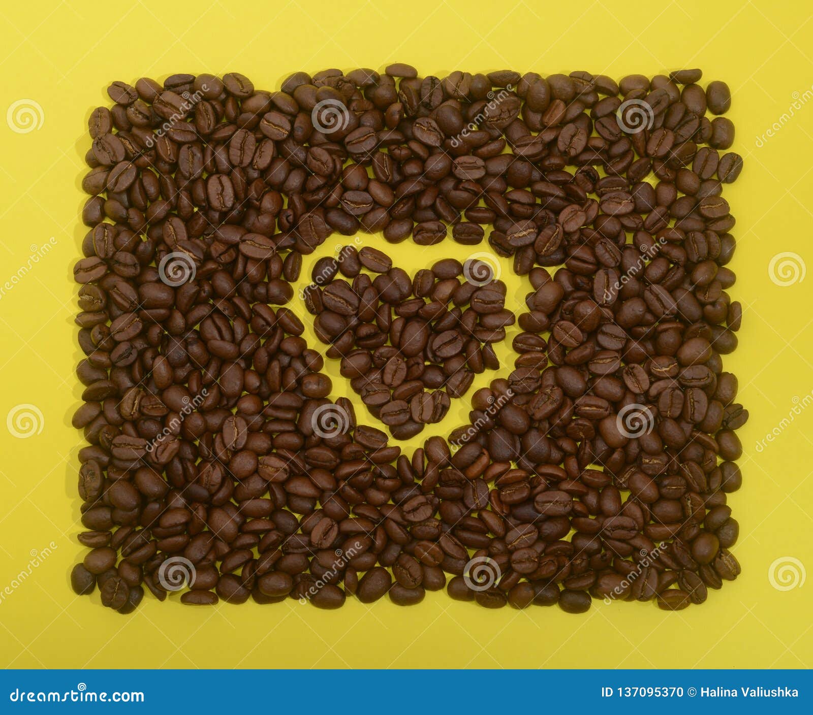 Coffee Beans In Heart Shape On Yellow Background Stock Photo - Image of ...