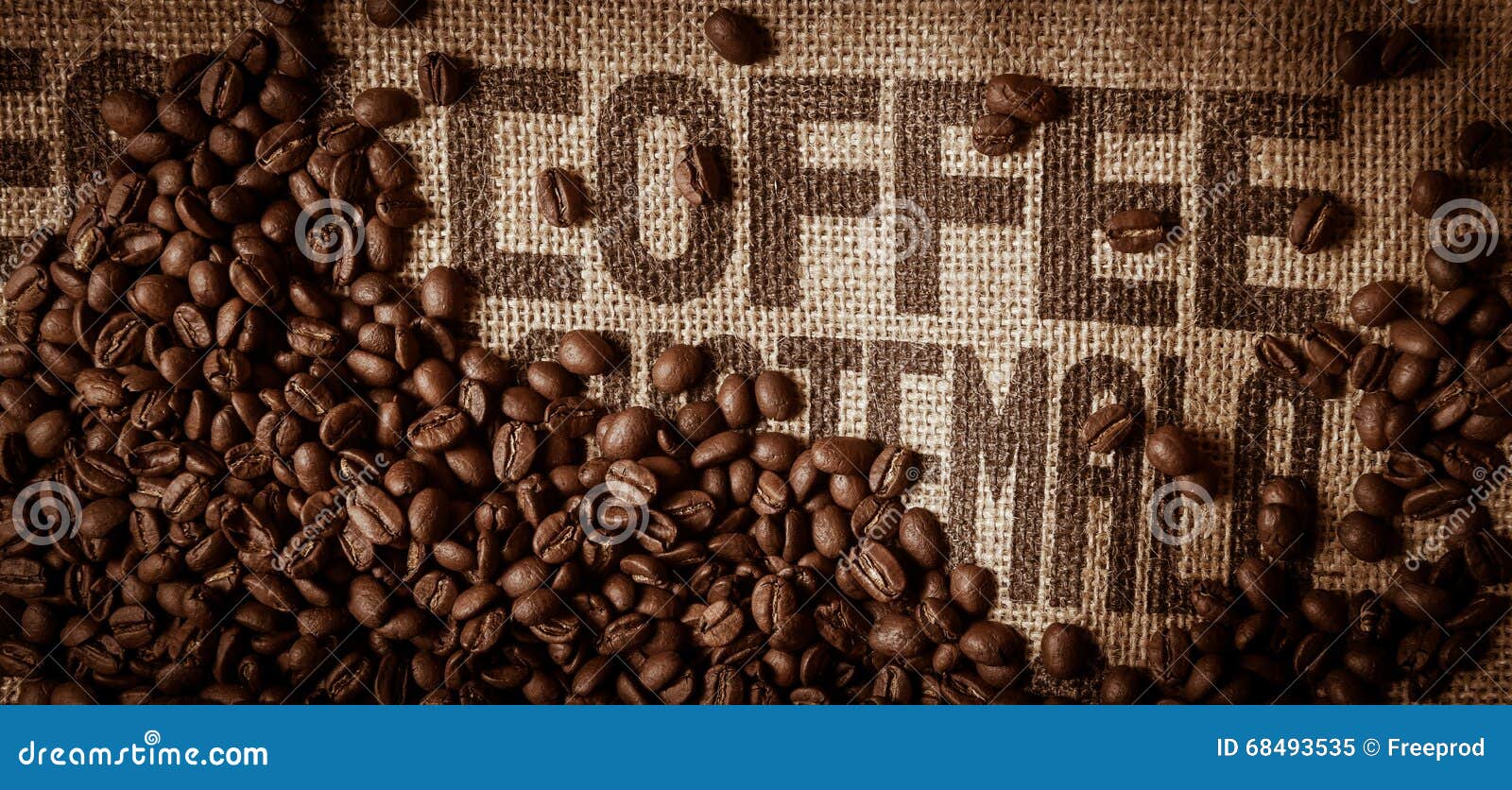 Coffee beans on jute bag stock image. Image of overhead - 68493535