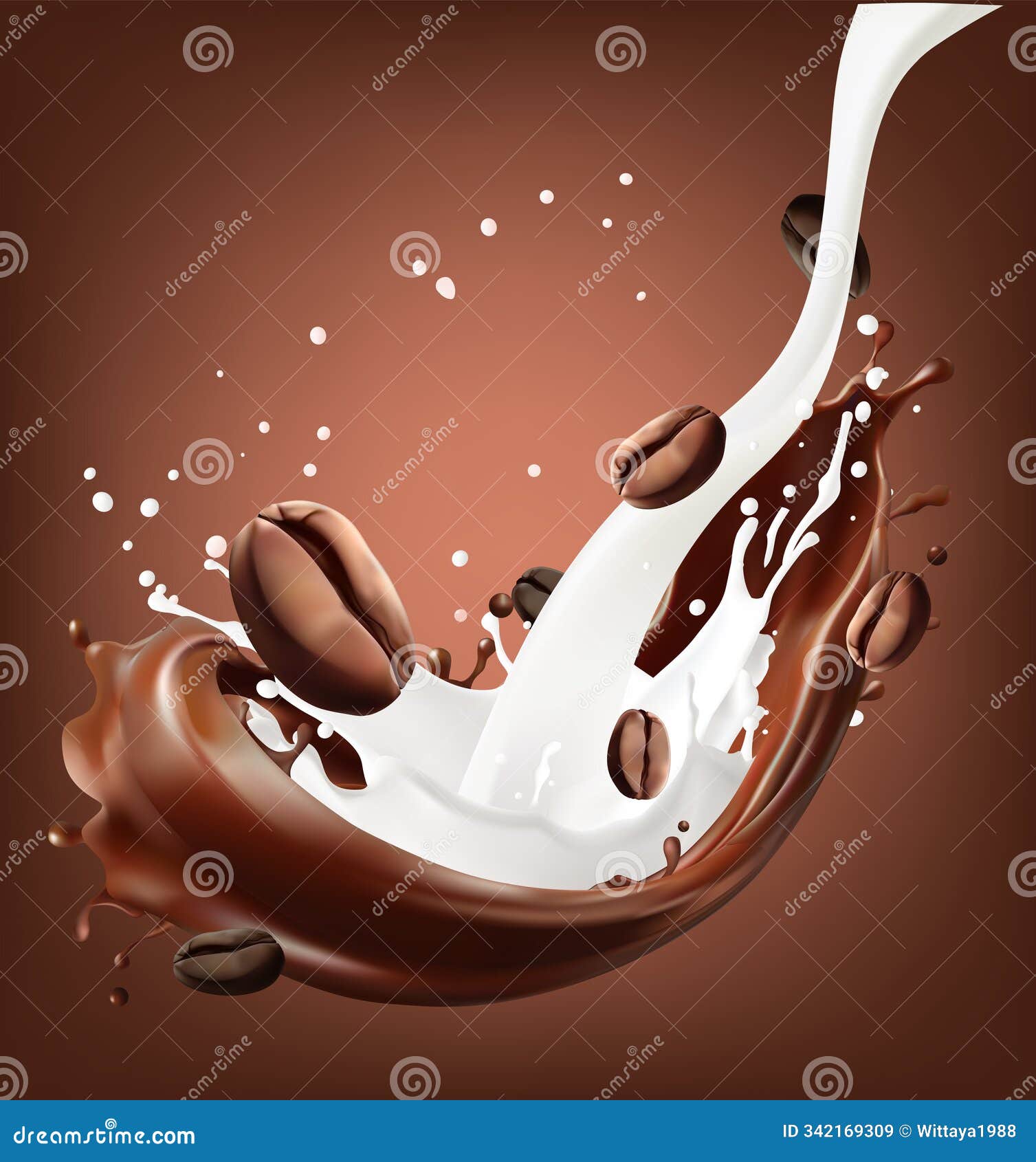 Coffee Beans and Milk Splashes. 3d Vector Realistic Mesh Gradient Wes ...
