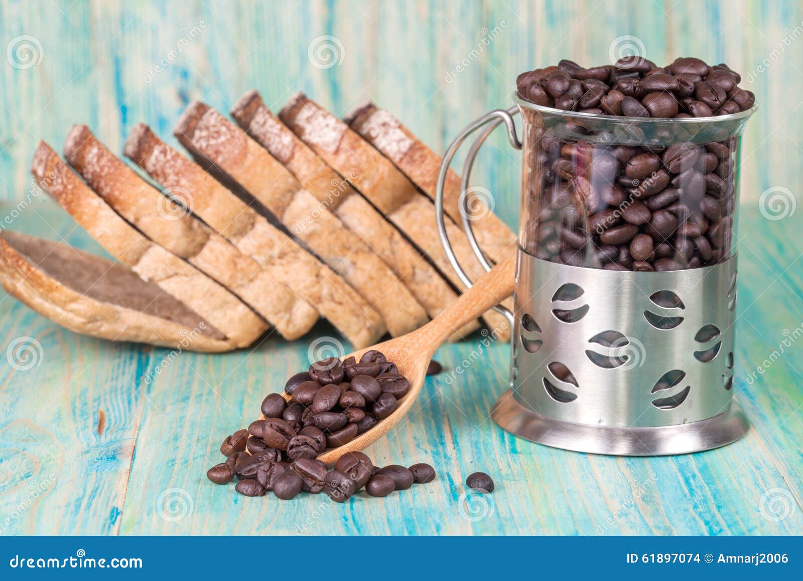 Coffee beans and rye bread stock photo. Image of baked - 61897074
