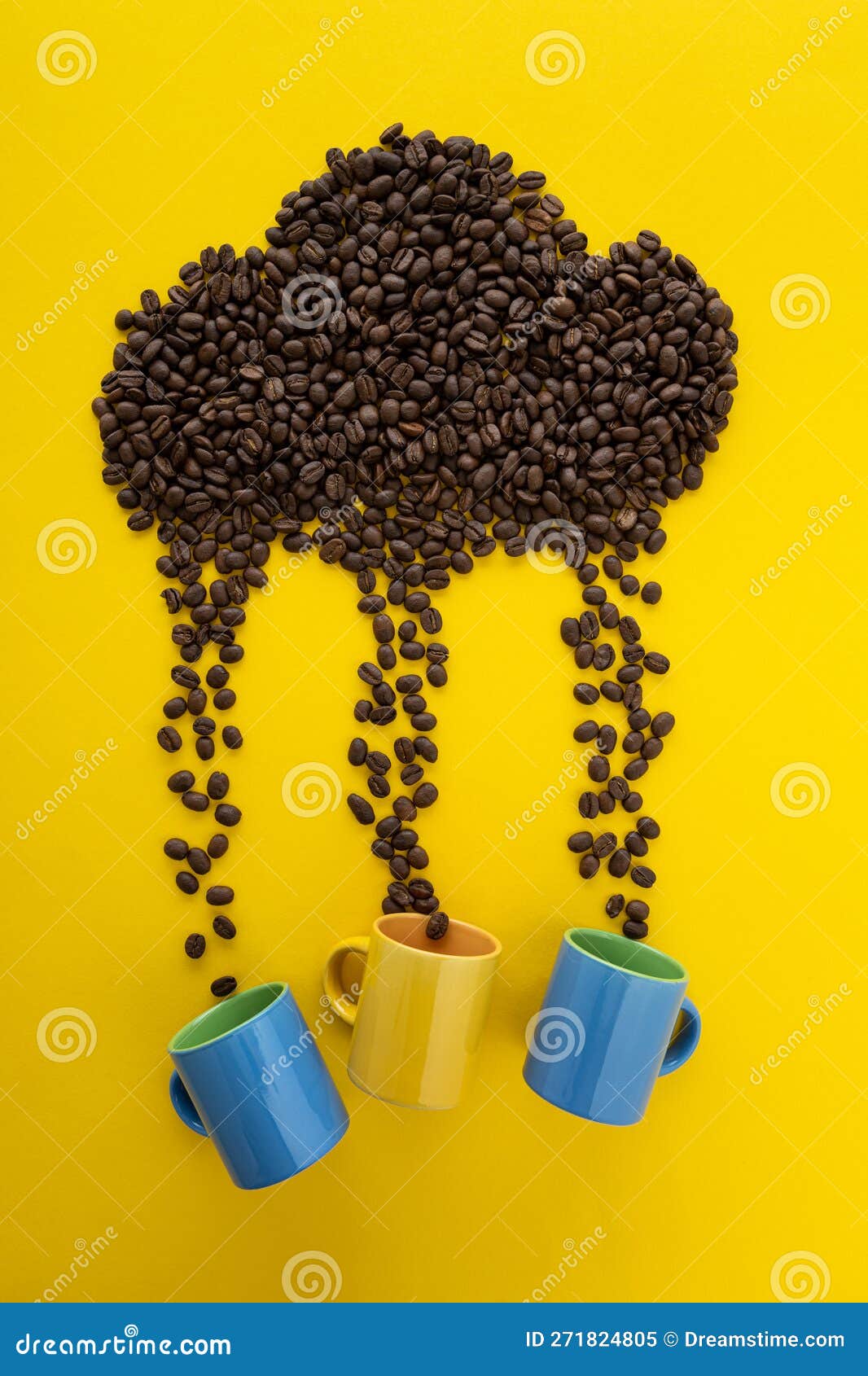 Coffee Beans in Shape of Rainy Cloud with Three Cups on Yellow ...