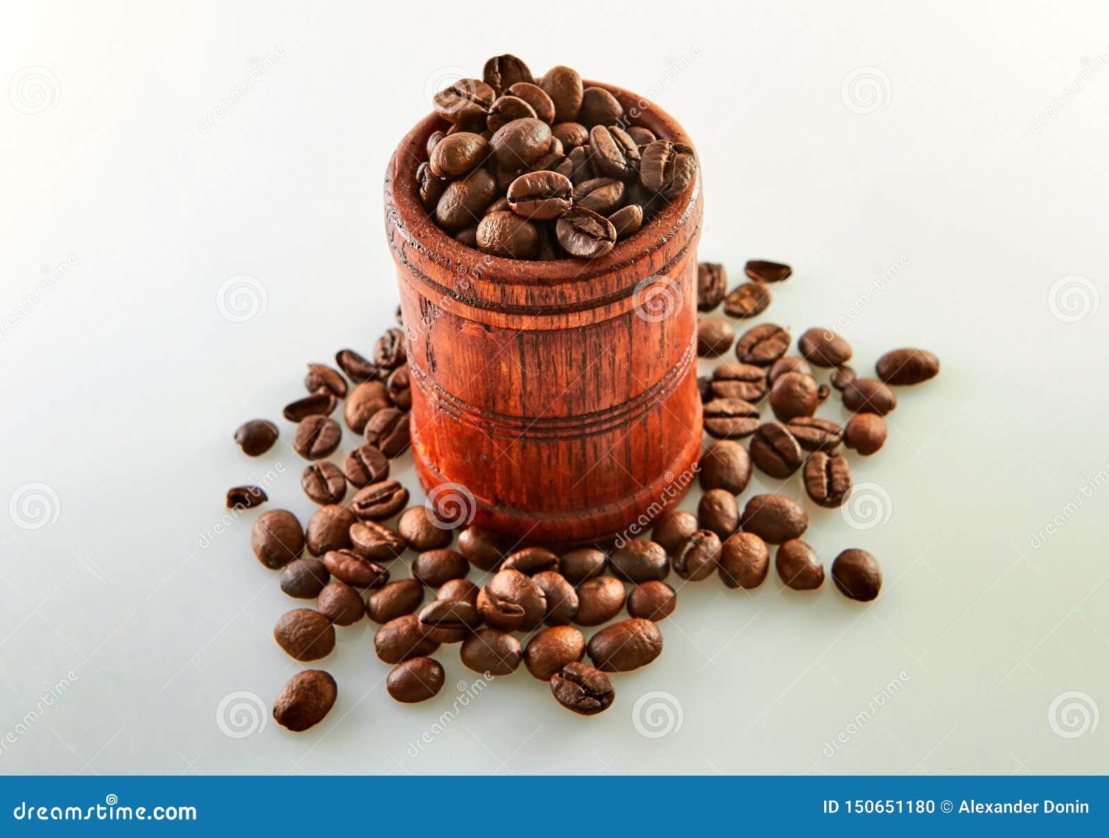 Coffee Beans in a Wooden Barrel Isolated on White Stock Photo - Image ...