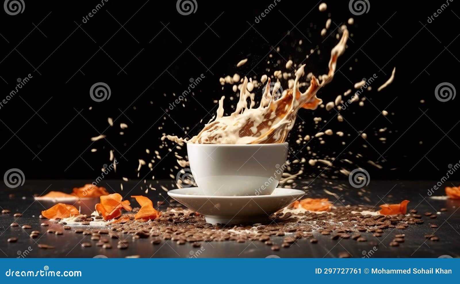 Coffee Beens Exploding Over Cappuccino Cup Background Selective Focus ...