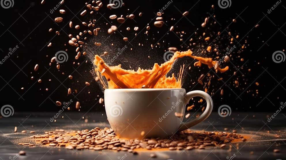 Coffee Beens Exploding Over Cappuccino Cup Background Selective Focus ...