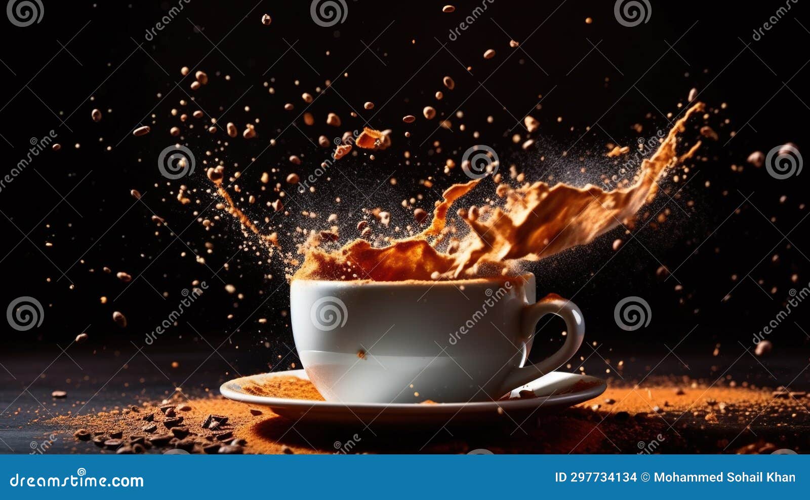 Coffee Beens Exploding Over Cappuccino Cup Background Selective Focus ...