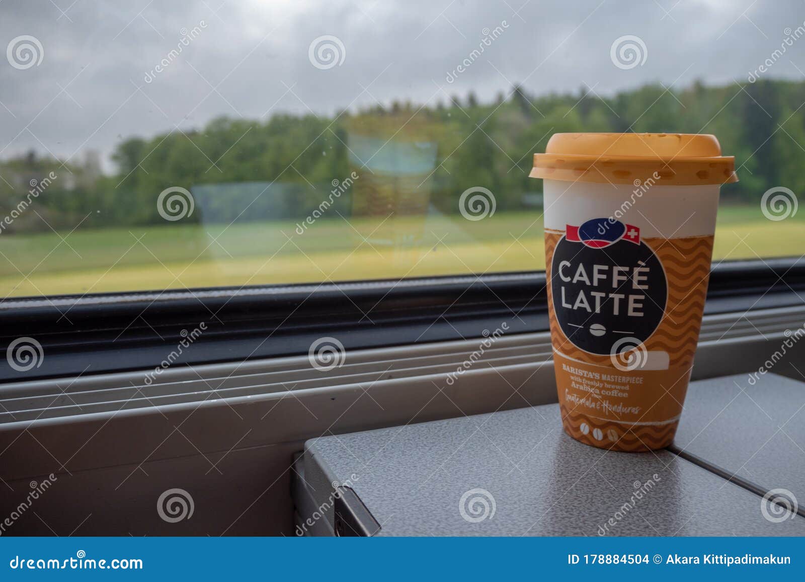 Coffee in Big Cup for Take Away on Steel Table in Train on Beautiful ...