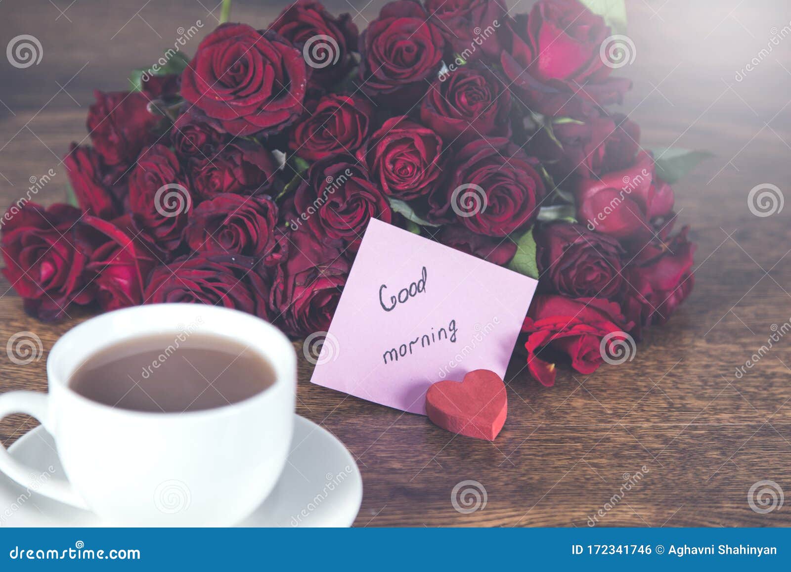 Coffee with Bouquet of Red Roses Stock Photo - Image of romantic, bunch ...