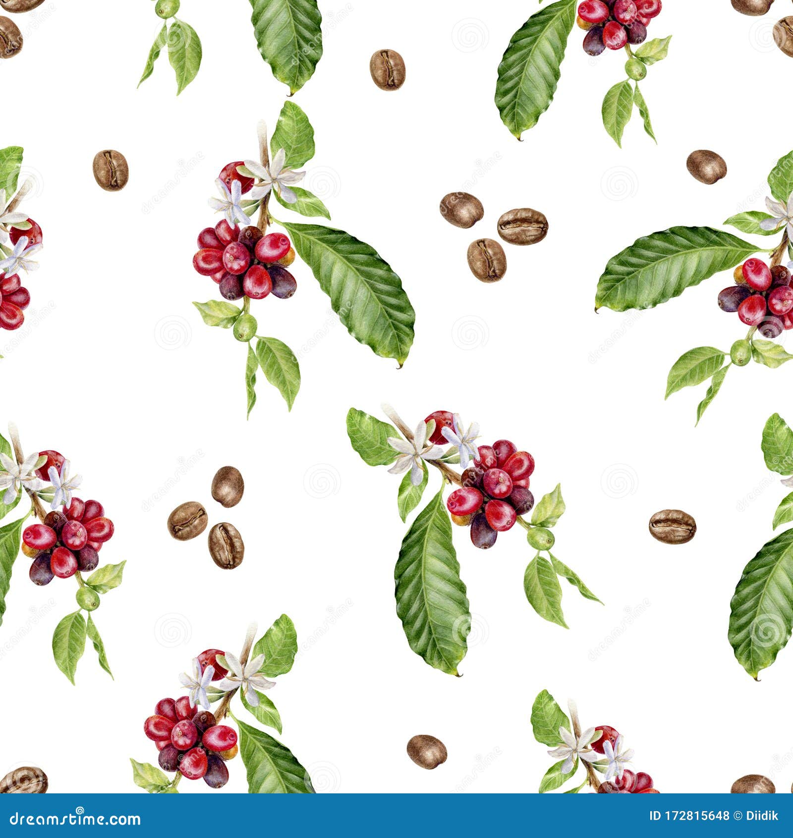 Coffee Branch Hand Drawn Watercolor Illustration. Seamless Pattern ...