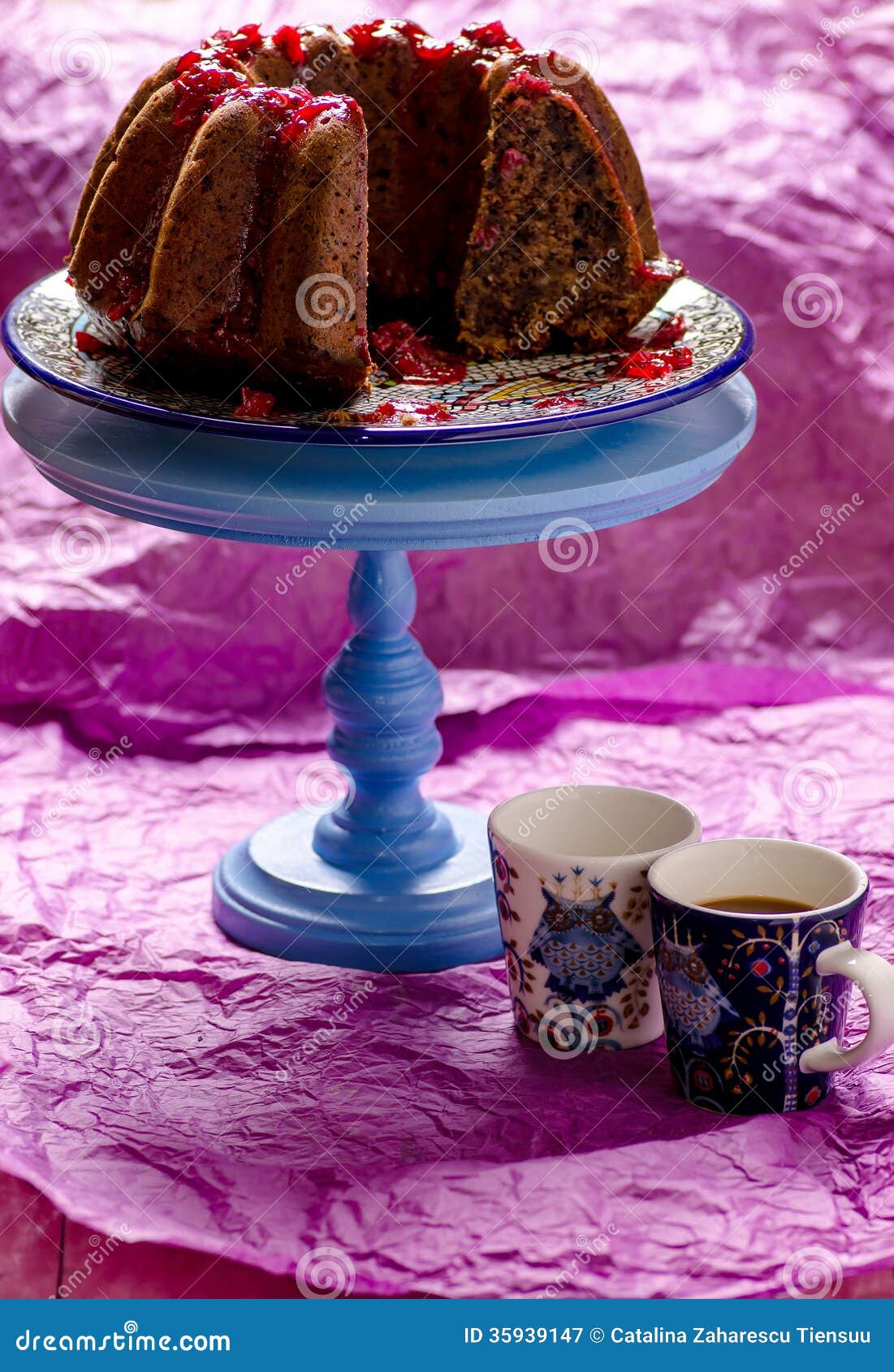 Coffee break with cake stock image. Image of purple, cups - 35939147