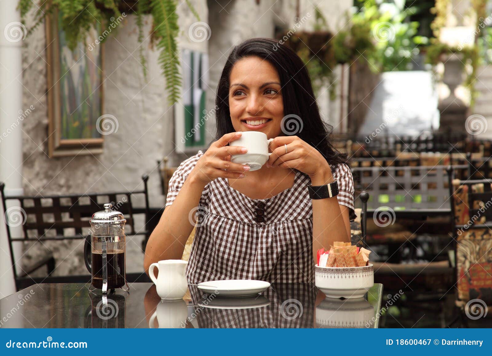 Coffee Break for Happy Young Mediterranean Woman Stock Image - Image of ...