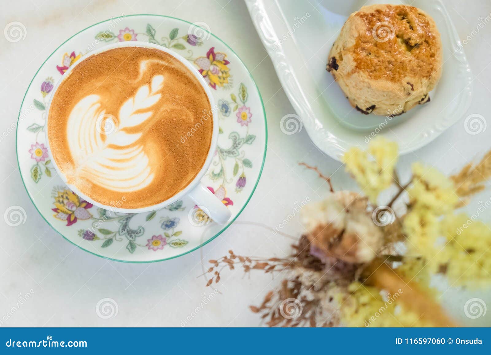 Coffee Break Set with Latte and Scone Stock Photo - Image of break ...